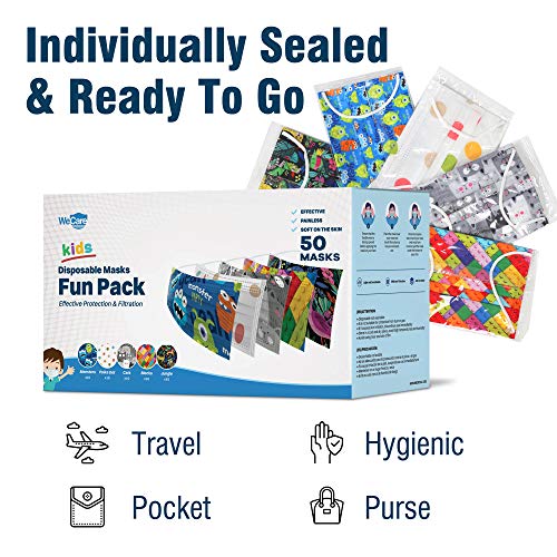 WECARE Disposable Face Masks For Kids, 50 Print Masks, Individually Wrapped for School and Travel (Fun Pack)