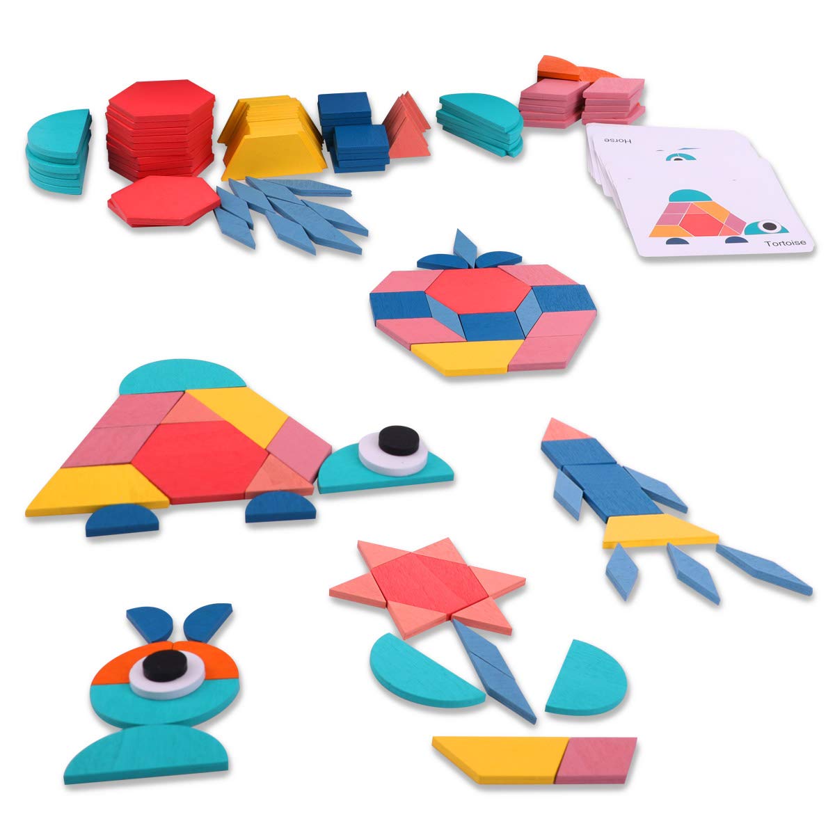 180 Pcs Wooden Pattern Blocks Set Geometric Manipulative Shape Puzzle Kindergarten Classic Educational Montessori Tangram Toys Kids Ages 4-8 Jigsaw Puzzles Gift, 24 Pcs Design Cards