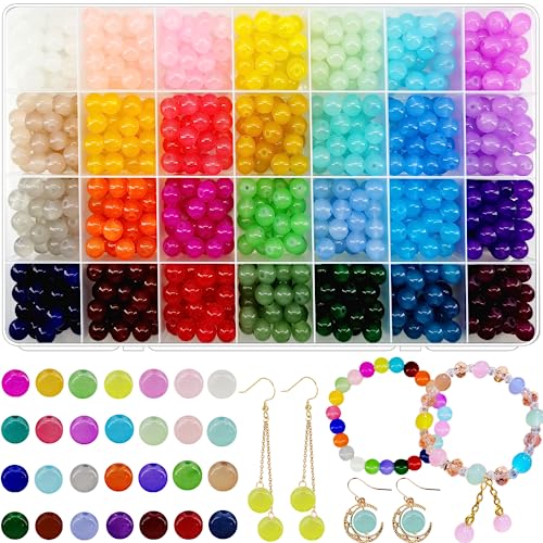 784 Pcs 8mm Glass Beads for Jewelry Making, 28 Color Crystal Beads Round Gemstone Beads Bracelet Making Kit DIY Craft Spacer Beads Assorted Cute Kawaii Beads Bulk for Beading Necklace