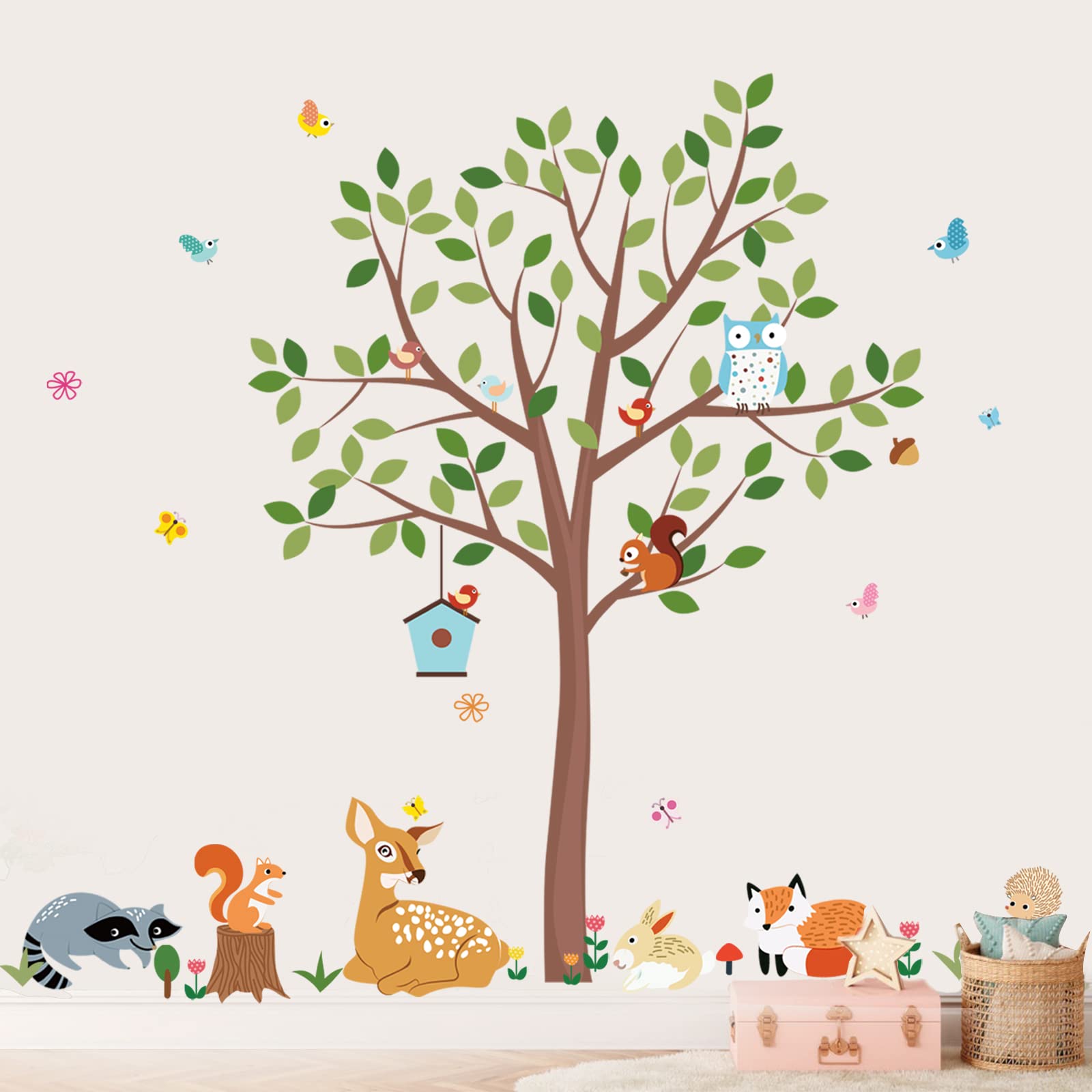 decalmile Forest Animals Tree Wall Decals Deer Fox Owl Wall Stickers Baby Nursery Kids Bedroom Playroom Wall Decor(Tree H: 56")
