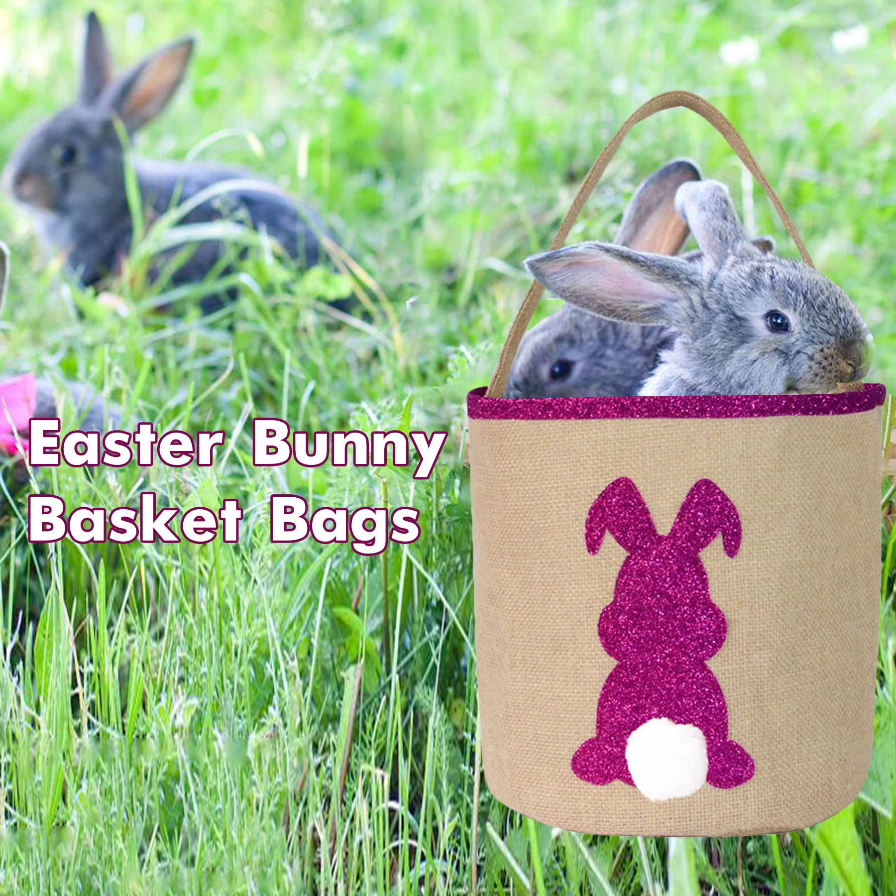 5 Pcs Easter Bunny Basket Bags, Canvas Easter Tote Bags for Kids Gift Bunny Ear Tote Bags Rabbit Ears Design Baskets for Kid's Egg Hunting Party Decoration Toys