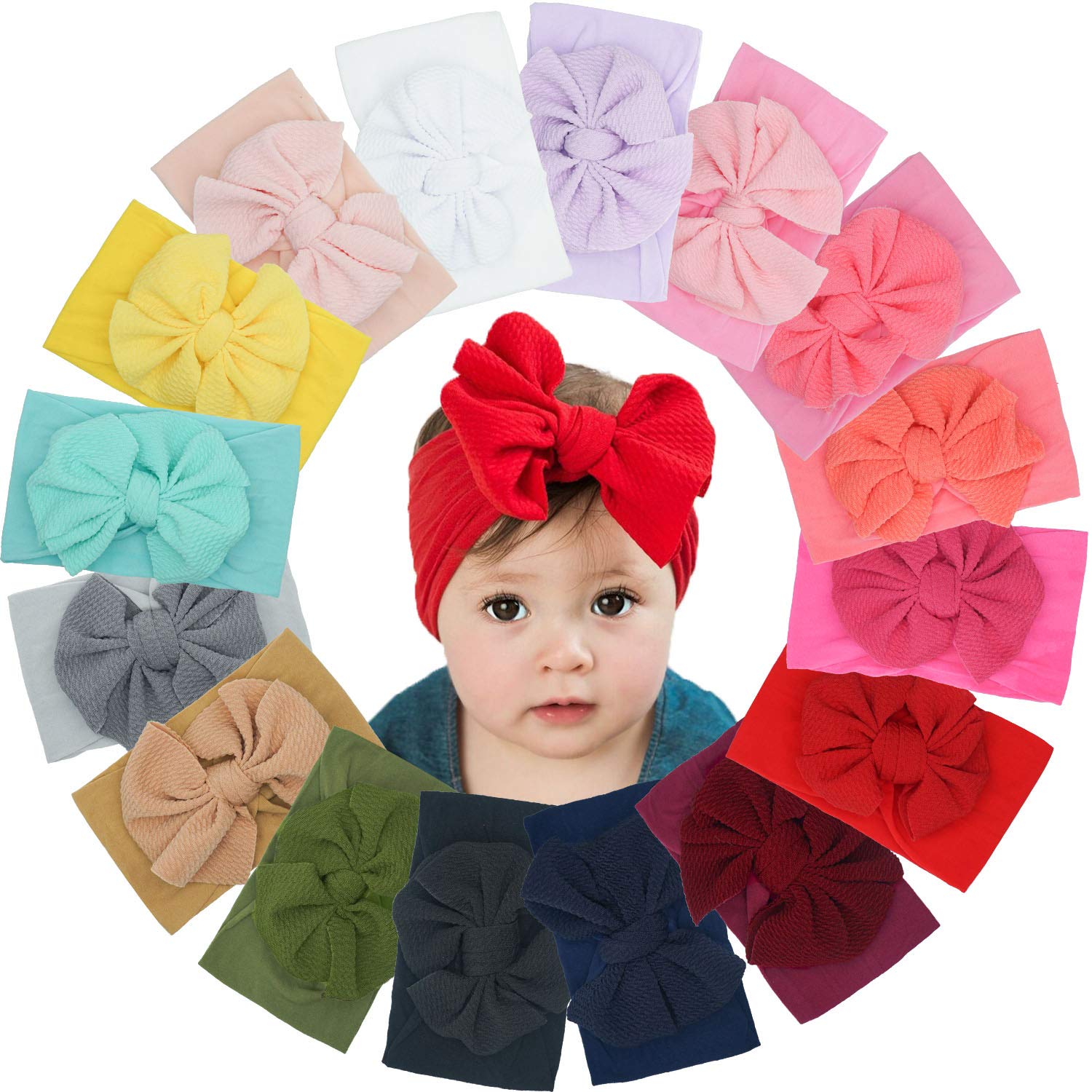 DeD 16 PCS Baby Nylon Headbands with Bows Stretchy Nylon Hairbands Hair Accessories for Newborns Infants Toddlers
