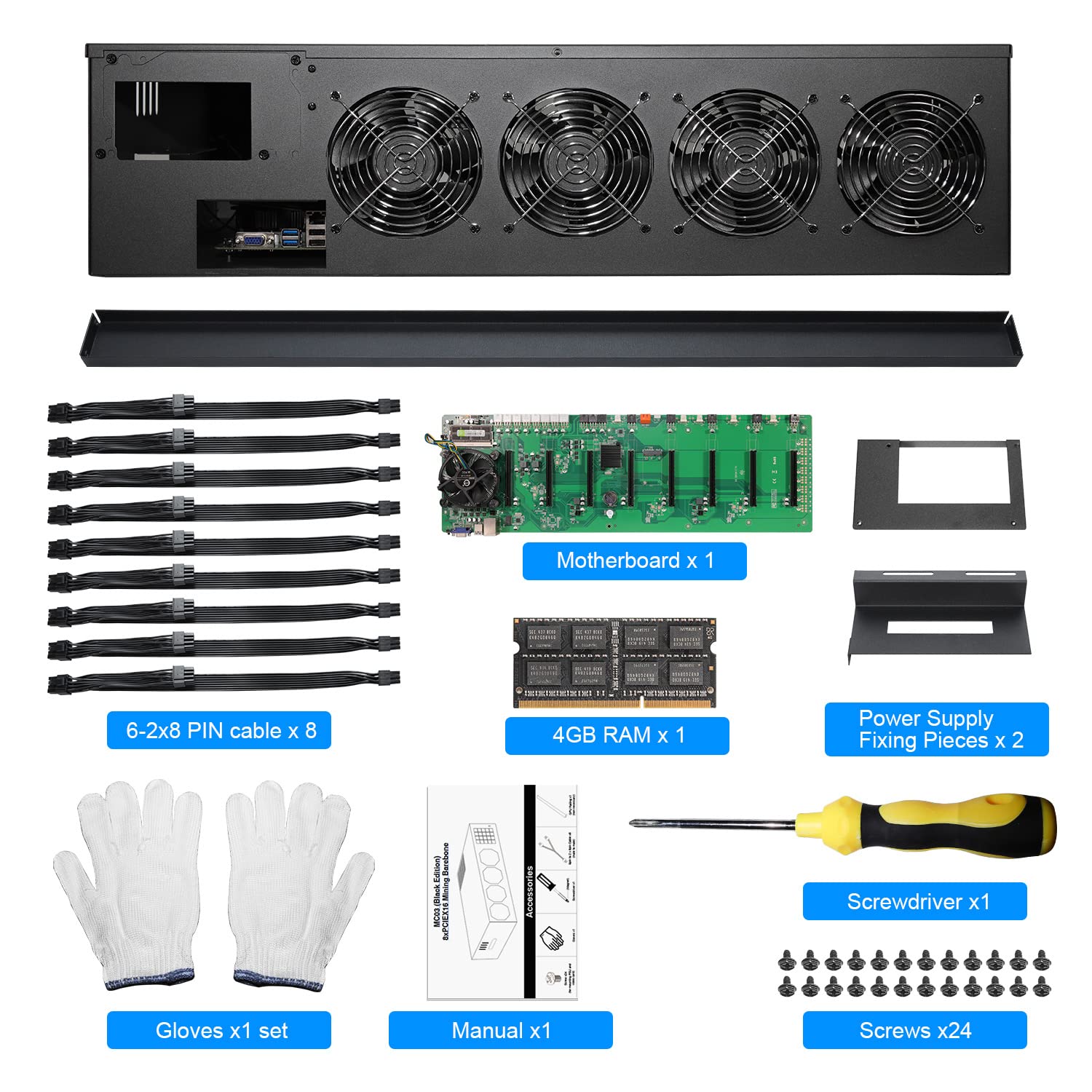 DAYLEAD Mining Rig Case 8 GPU Mining Case with Mining Motherboard Support 8 Cooling Fans(4 Preinstalled) for BTC/ETH/ZEC GPU Mining Rig (Without GPU, PSU)