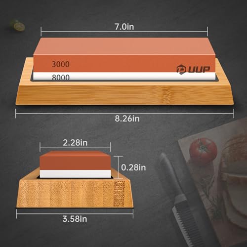 7PCS Knife Sharpening Stones, UUP Whetstone Sharpener Kit with Premium 4 Sides 400/1000 3000/8000 Grit Wet Stone Set, Leather Strop, Angle Guide, Flattening Stone for Kitchen Pocket Knives, Blade