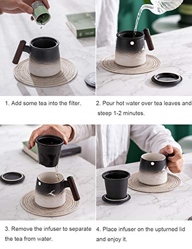TANG PIN Moon Deer Ceramic Tea Mug with Infuser and Lid Coffee Mug with Strainer and Wooden Handle 14.5 OZ (Black&Blue)