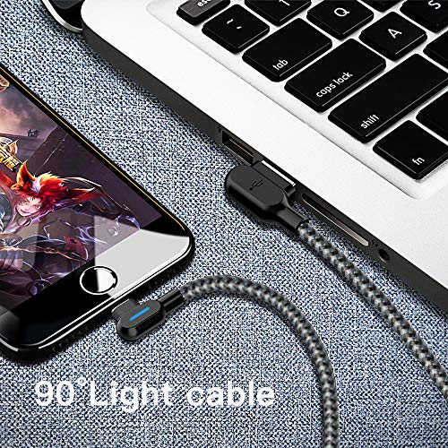 Exeric iPhone Charger Cable, 3Pack LED Right Angle Lightning Cable 90 Degree Nylon Braided Charging Cord Gaming USB Charging/Sync Compatible with iPhone13/12/11/XR/X/8 8Plus/7/7 Plus/6(10FT)