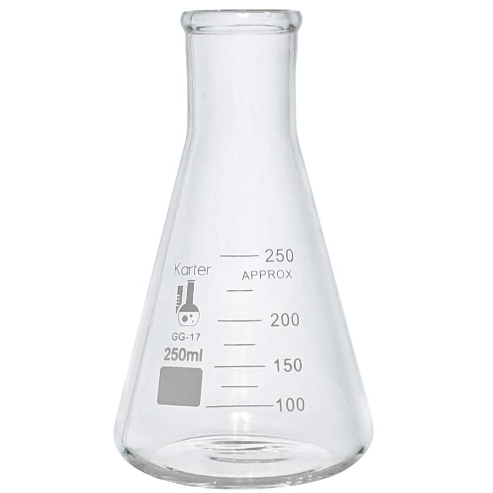 250ml Narrow Mouth Erlenmeyer Flask, 3.3 Borosilicate Glass, Karter Scientific 213G28 (Single)
