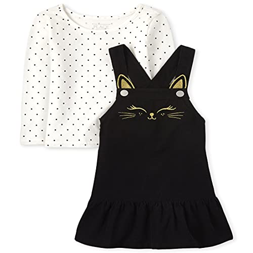 The Children's Place Baby Girls and Toddler Sleeveless Cat Corduroy Skirtall Dot Print Top 2-Piece Set Pants, Black/White Cat, 12-18 Months US