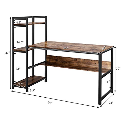 Tangkula 59-Inch Computer Desk with Bookshelf, Home Office Desk with Storage Bookshelf, Metal Frame & Adjustable Foot Pads, Space Saving Computer Workstation Study Writing Desk