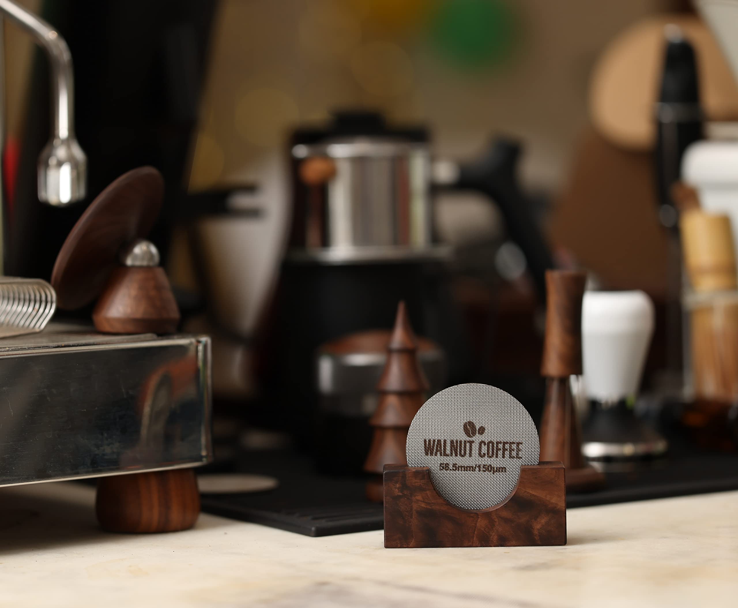 2Packs 58.5mm Espresso Puck Screen | Handmade Walnut Stand | 1.7mm Thickness 150μm 316 Stainless Steel