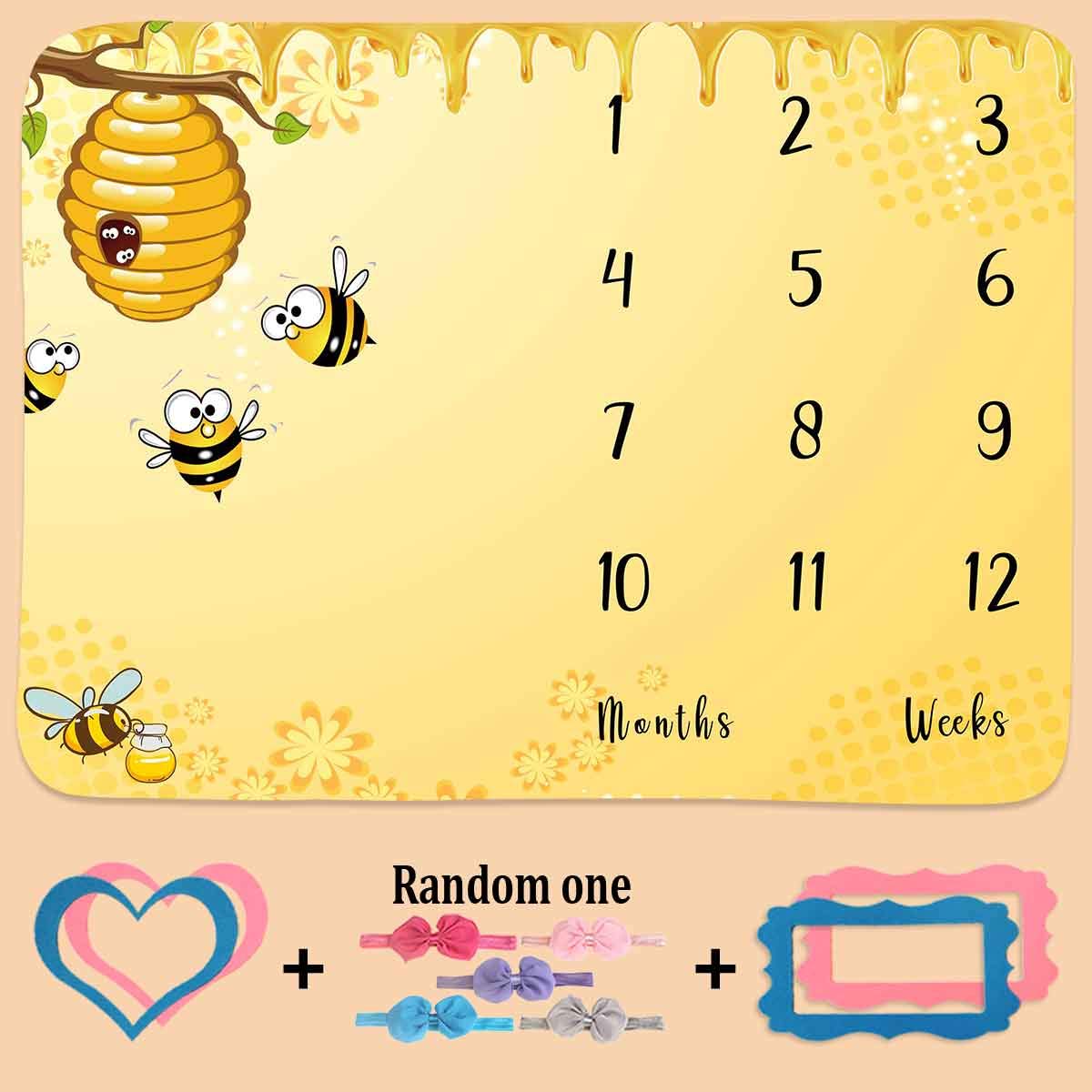 PHMOJEN Baby Age Milestone Blanket, Bee Honeycomb Blanket for Nursery, Baby 1-12 Months Growth Chart, Includes 4 Frame and 1 Headband 47"x40" BTQQPH33
