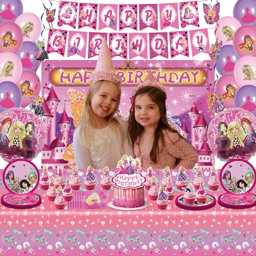 128 Pcs Pink Style Party Decorations, Pink Theme Birthday Decorations Include Banners, Tablecloth, Cake & Cupcake Topper, Backdrop, Tablewares, Balloons, Hanging Swirls, Napkins for Girls