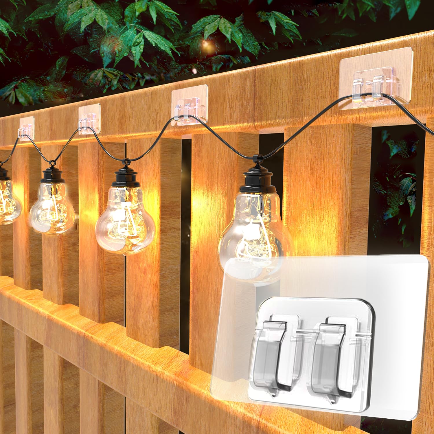 20Pack Hooks for Outdoor String Lights Clips with Adhesive Strips - Waterproof, UV-Resistant, No-Damage, Tool-Free Installation for Christmas, Patio,Garden Balcony Decor,Cable Holders for Hanging