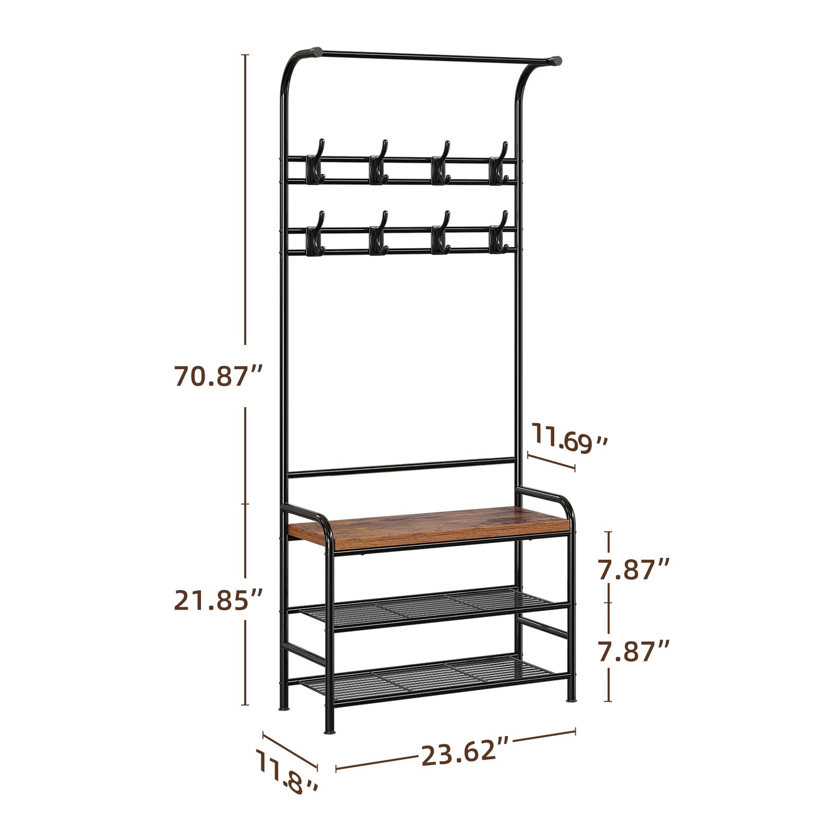 IDEALHOUSE Hall Tree, Entryway Bench, Coat Rack Freestanding Shoe Bench, 3 in 1 Hall Tree Entryway Storage Bench, Multifunction Bench with Steel Frame, 8 Large Hooks, 3-Tier Storage Shelf