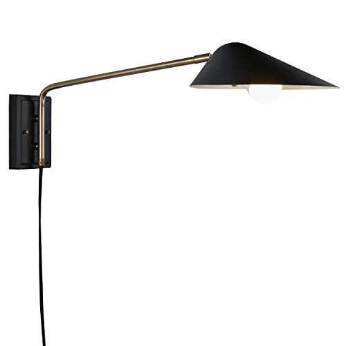 Amazon Brand β Rivet Mid-Century Swiveling Long Arms, Pivoting Head, Plug-In, Hardwire or 2-in-1 Option Wall Sconce with Bulb, 11"H, Matte Black with Antique Brass - 51457