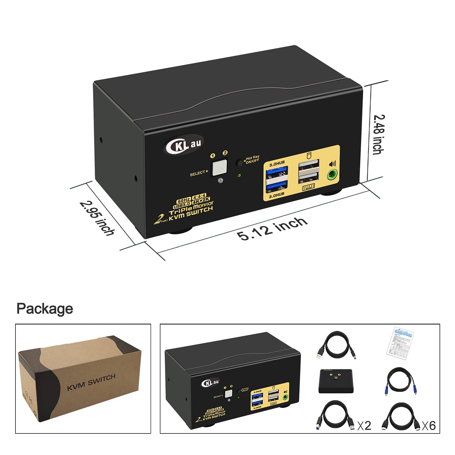 CKLau 4K@60Hz 2 Port HDMI KVM Switch Triple Monitor with Audio, Cables and 2 USB 3.0 Hub for 2 Computers Sharing Keyboard Mouse, 3 Monitors and 2 Peripherals Devices Support Hotkey Switching