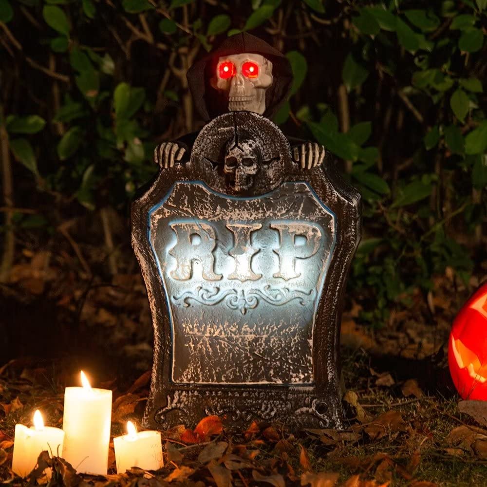 19" Halloween Decorations Resin RIP Graveyard Tombstone with LED Lights, Animated Movable Skeleton Skull with Glowing Eyes and Voice Activation for Yard Lawn Haunted House Outdoor Decor Party Props