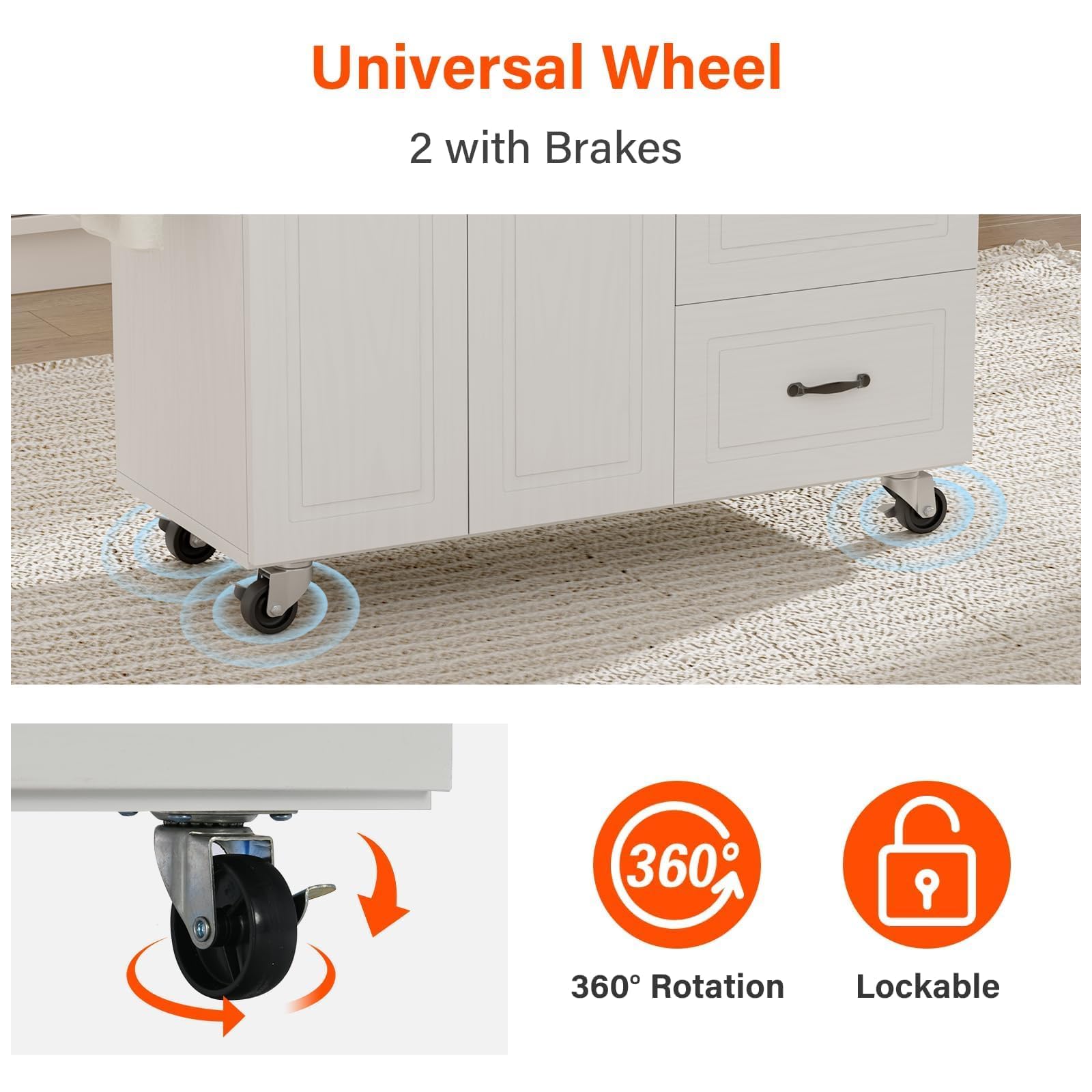 4 EVER WINNER Kitchen Island Cart with Drop Leaf & 3 Drawers, 43β Kitchen Island with Storage Cabinet on Wheels, Spice Rack, Towel Rack, Rolling Kitchen Island Table Breakfast Bar for Kitchen, White