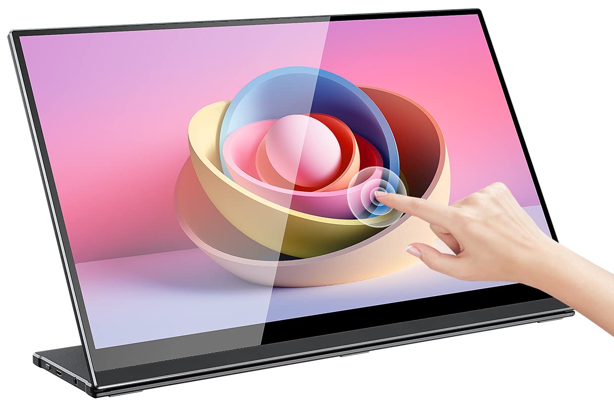 Portable Monitor Touchscreen-15.6 Inch Auto-Rotating FHD HDR FreeSync Frameless Eye Care USB-C Computer Display with Kickstand Type-C HDMI Speakers for Laptop PC Phone Mac Surface PS4 PS5 Xbox Switch