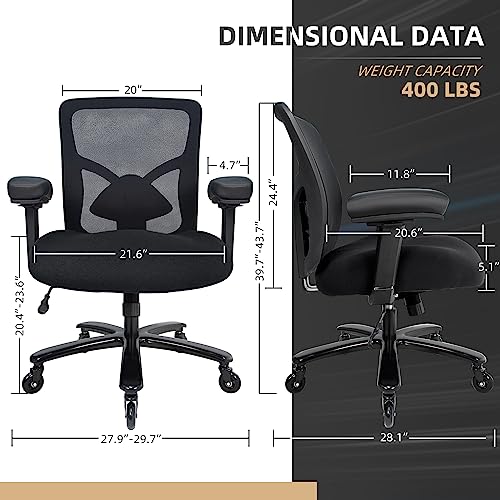 Big and Tall Office Chair 400lbs - Ergonomic Mesh Executive Desk Chair, Heavy Duty Computer Chair-Wide Thick Seat Cushion, Metal Base, Adjustable Lumbar Support, Rubber Blade Wheels, 4D Armrests