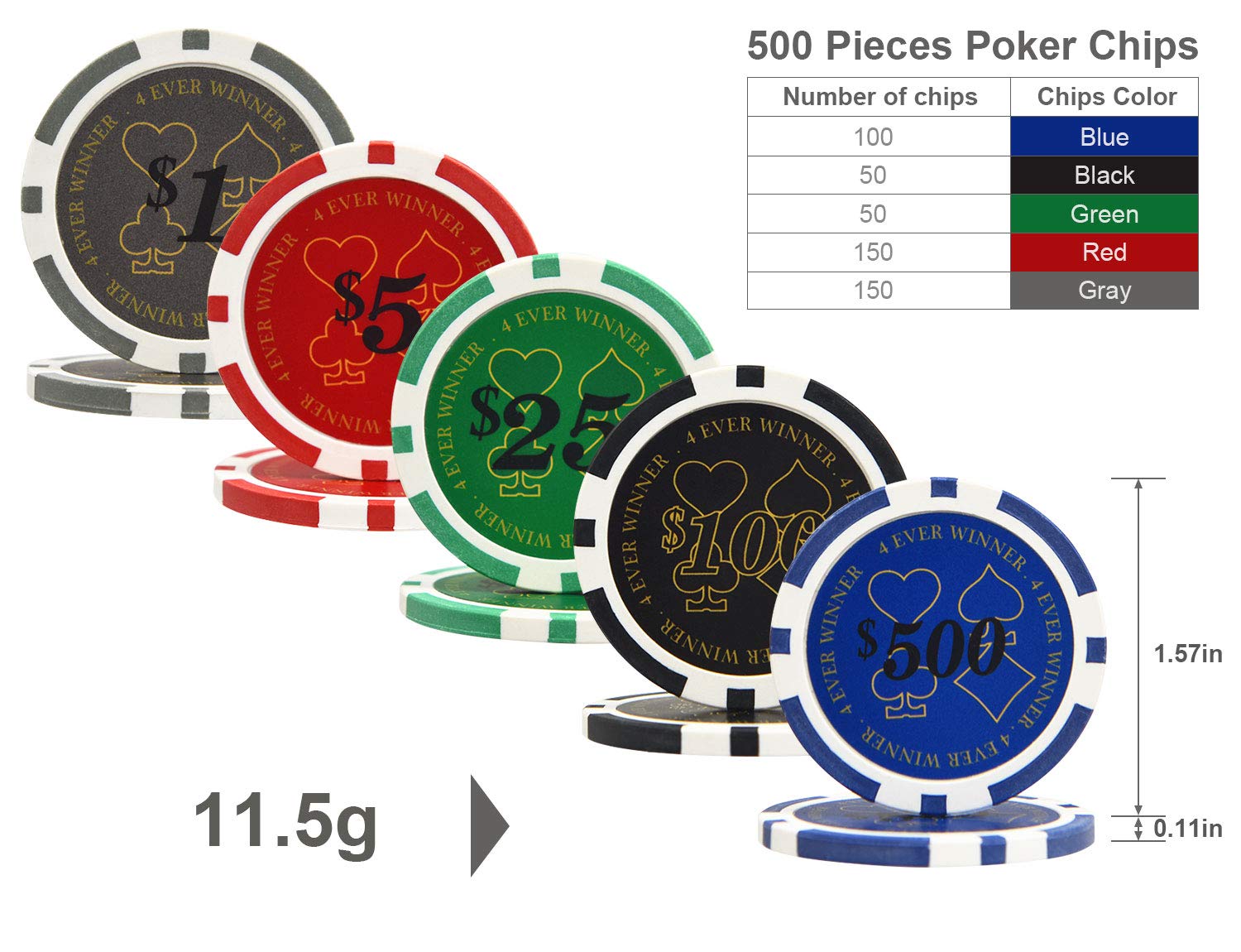 4 EVER WINNER Poker Chip Set 500PCS Professional Poker Set 11.5 Gram Casino Chips with Denominations, for Texas Holdem Blackjack Gambling Poker Set with Aluminum Case