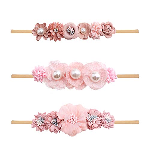 DELEBAO Baby Girl Flower Headbands Set 3pcs Elastic Hairbands Floral Crown Wraps for Newborn Infant Toddler Hair Accessories