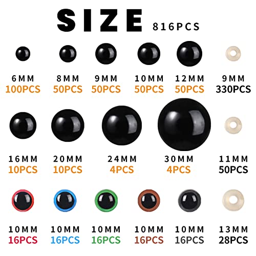 816 Pcs Safety Eyes for Crochet 6-30mm Plastic Colorful Safety Eyes for Amigurumi with Washers Black Stuffed Animal Eyes for Craft Teddy Bear
