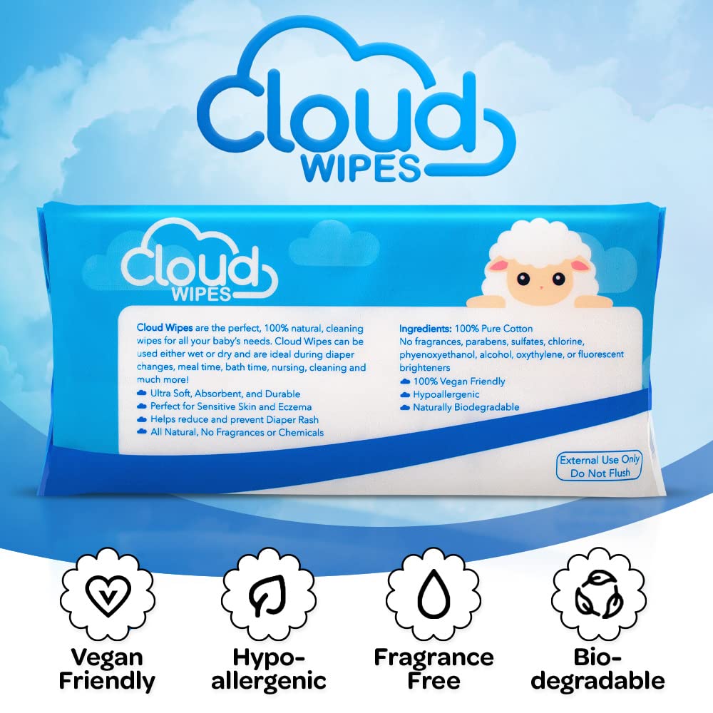 Cloud Wipes Pure Dry Cotton Baby Wipes Soft Durable Unscented Cloth Tissue for Sensitive Skin (2-Pack 200 Count)