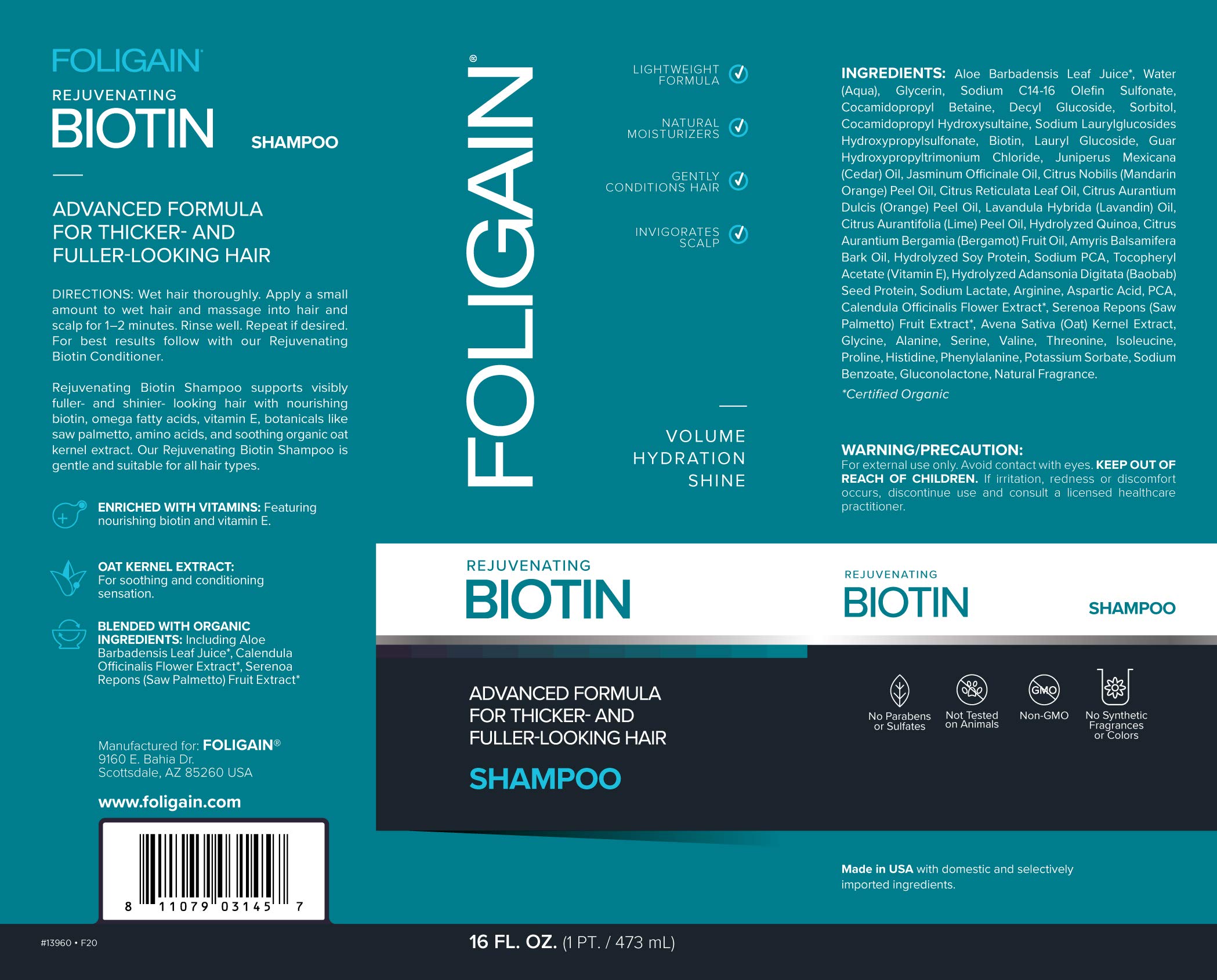 Foligain Rejuvenating Biotin Shampoo, Organic Cruelty Free Shampoo, Hydrating and Revitalizing Shampoo, 16 Fl. Oz.