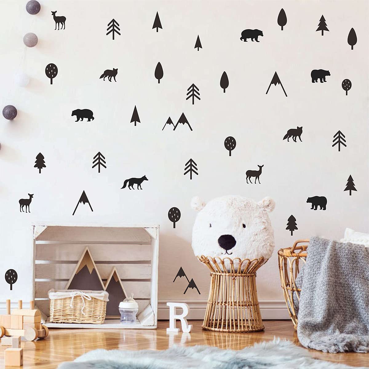 IKEYU Woodland Animals Wall Stickers Mountain Tree Wall Decals Black Vinyl Jungle Stickers Forest Animals Wall Decals for Kids Room Nursery Bedroom Decor