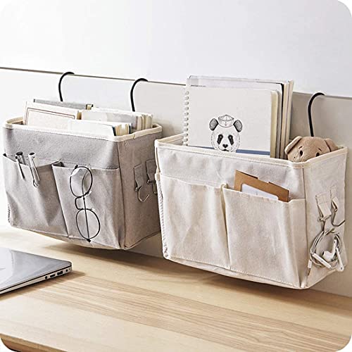 KonHaovF 2Pack Bedside Organizer Caddy Hanging with Hook, Bed Storage Pocket for Dorm Kids Room Top Bunk Bed Loft Bed, Bedside Storage for Phone Remote Control Laptop Books (White)