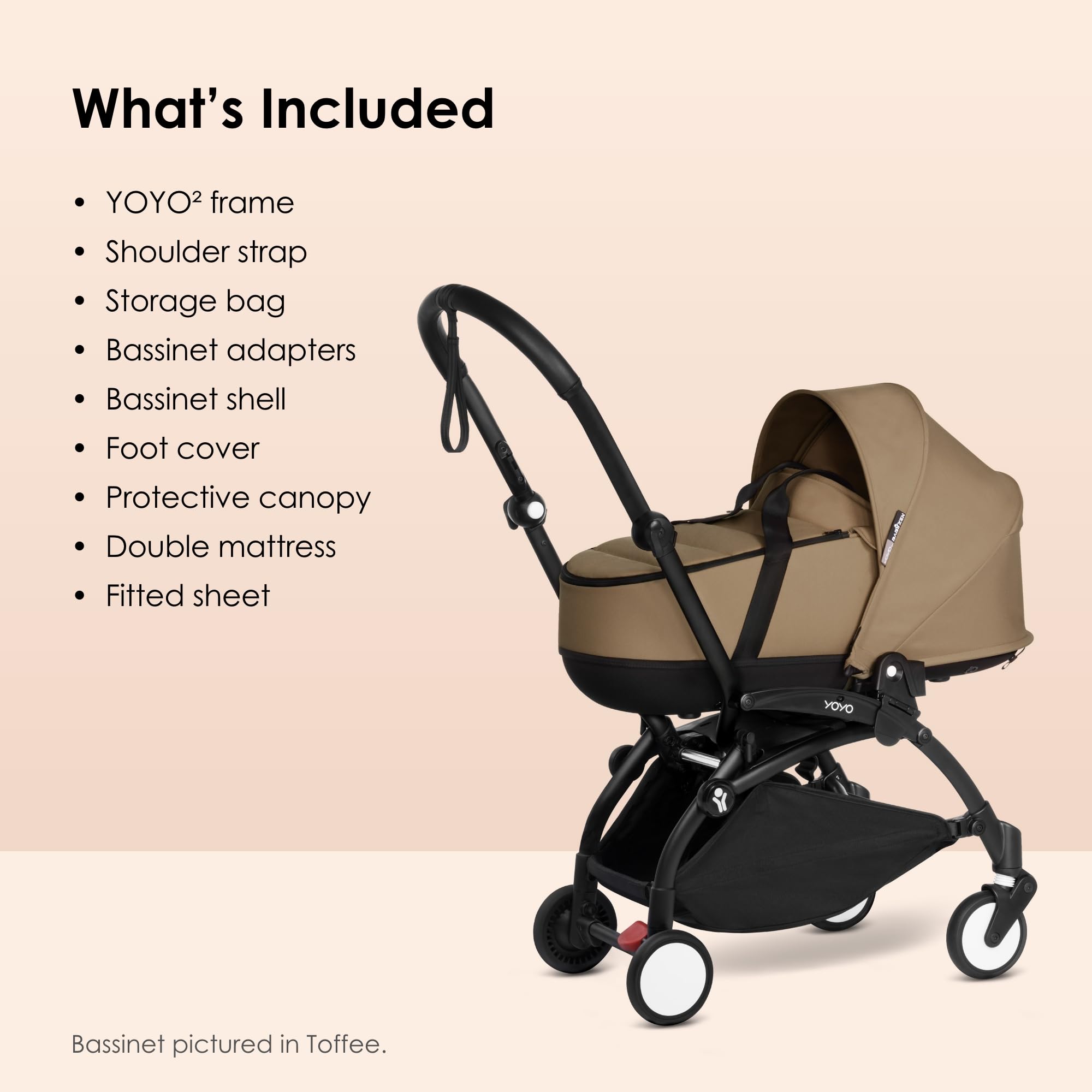 BABYZEN YOYO2 White Frame + Grey Bassinet - Includes Thick Double Mattress, Ventilated Shell & Canopy
