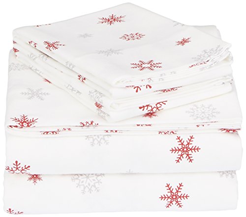 Amazon Brand – Pinzon Cotton Flannel Bed Sheet Set - Queen, Falling Snowflake Merlot