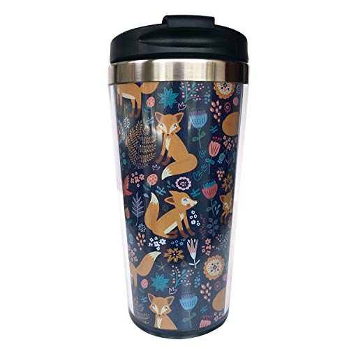 NVJUI JUFOPL Fox Flower Travel Coffee Mug for Men Women, With Flip Lid, Stainless Steel, Water Bottle Cup 15 oz