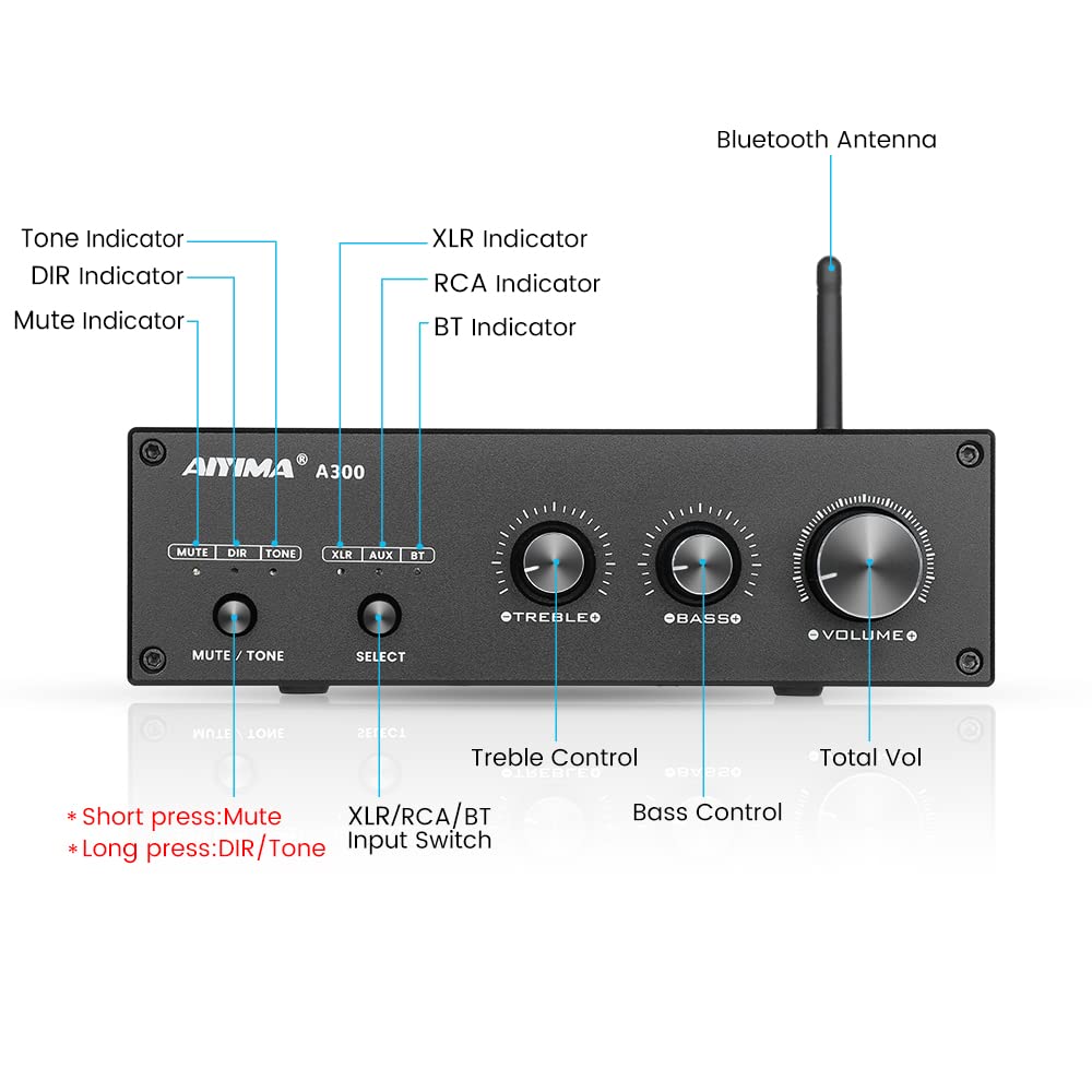 AIYIMA A300 NE5532*4+QCC3034+TPA3255 Bluetooth5.0 300w*2 Power Amplifier Support aptx-hd 2.0/2.1 Channel Amp with Active Subwoofer Output for Passive Speaker Home Audio
