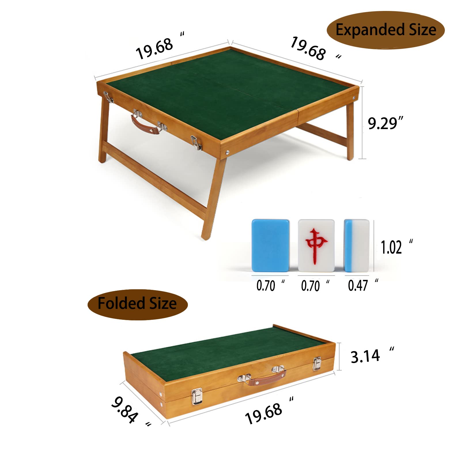 19.7" Square Foldable 4 Person Mahjong Table with 144 Mini Mahjong Tiles and Solid Wood Tile Box Chinese Mahjong Game Set with 4 Dice and Putter for Playing Mahjong Poker Puzzle Dominoes (Blue)