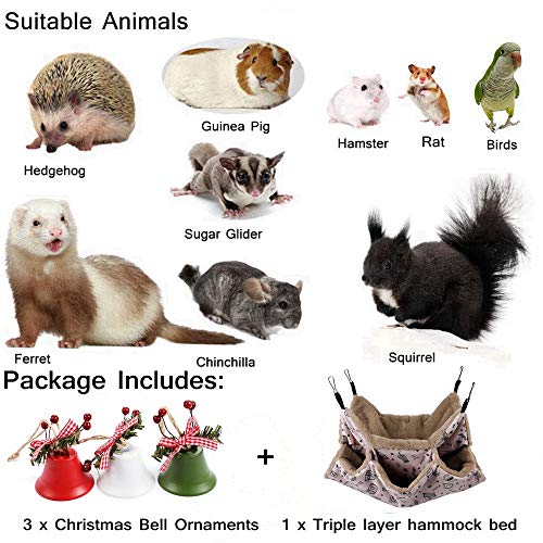 Small Pet Cage Hammock with 3 Christmas Bell Ornaments,Triple Layer Hammock Hamster Guinea Pig Cage Accessories Bedding Cozy Ferret Tunnel Cave Small Animals Bed for Chinchilla Sugar Glider (Pink)