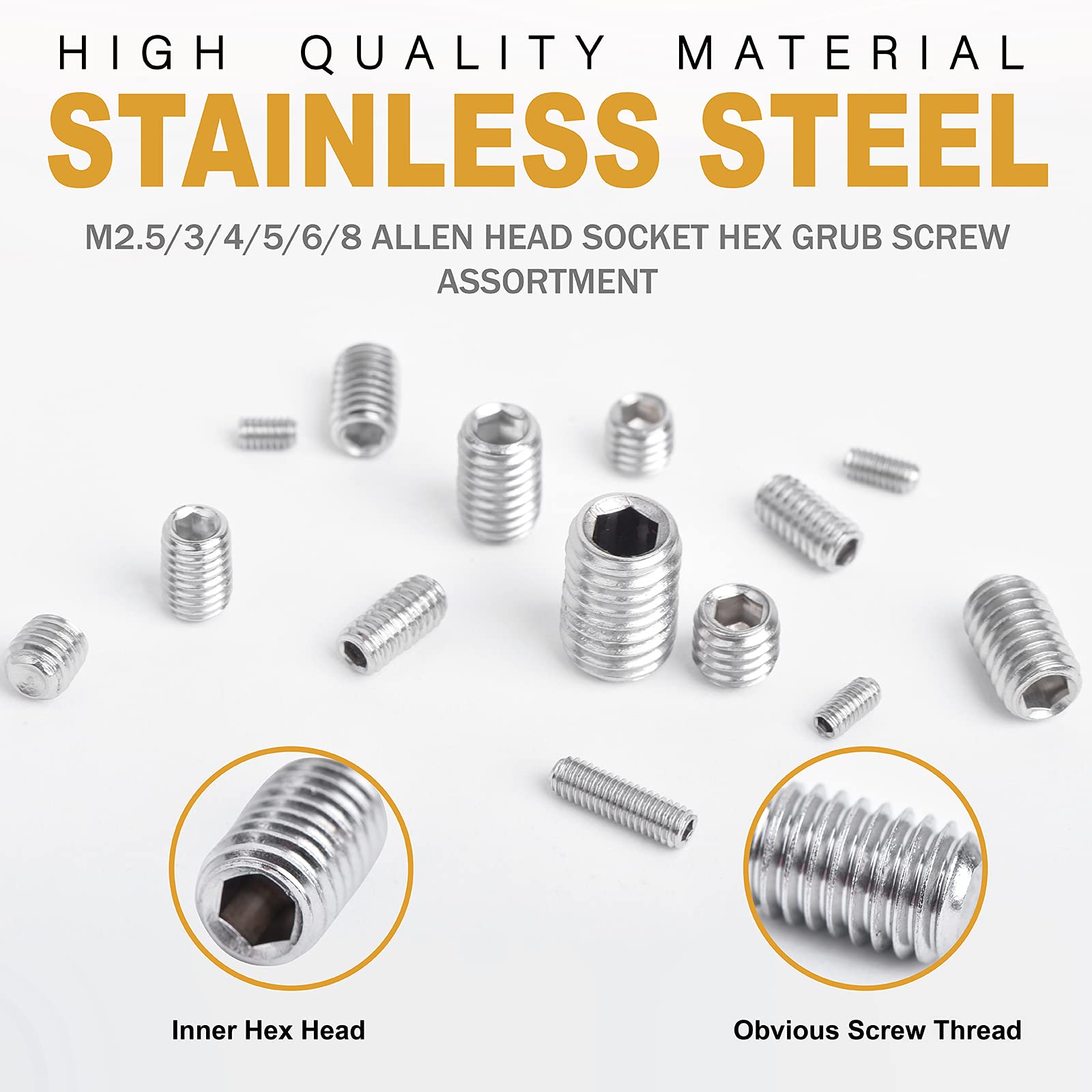 VIGRUE 450PCS M2.5/M3/M4/M5/M6/M8 Hex Allen Head Socket Set Screw Bolts Assortment Kit Grub Screw with Internal Hex Drive, 304 Stainless Steel