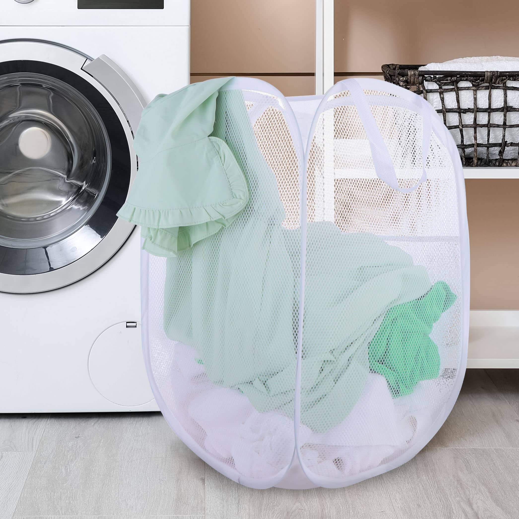 2 Pack Laundry Basket,Foldable Mesh Popup Laundry Hamper with Durable Handle,Easy to Open and Fold for Dorm, Laundry Room, Bedroom, RV(White+ White)…