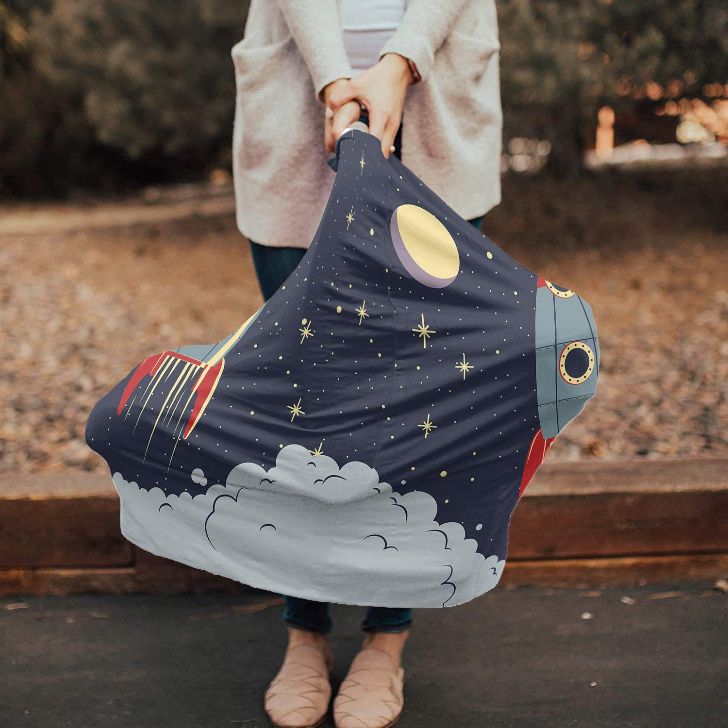 Car Seat Canopy Nursy Cover - Space Theme Cute Cartoon Rocket Moon and Stars Pattern - Multi Use Breastfeeding Scarf for Women, Baby Stroller Cover Shopping Cart Pad Breastfeeding Towel