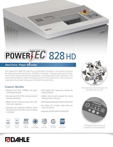 Dahle PowerTEC 828 HD Hard Drive and Paper Shredder, Cross Cut, Shreds 3.5" Hard Drives, CDs/DVDs, Paper, Chain Driven 4.5 Hp Motor, P-3 Security/H-4