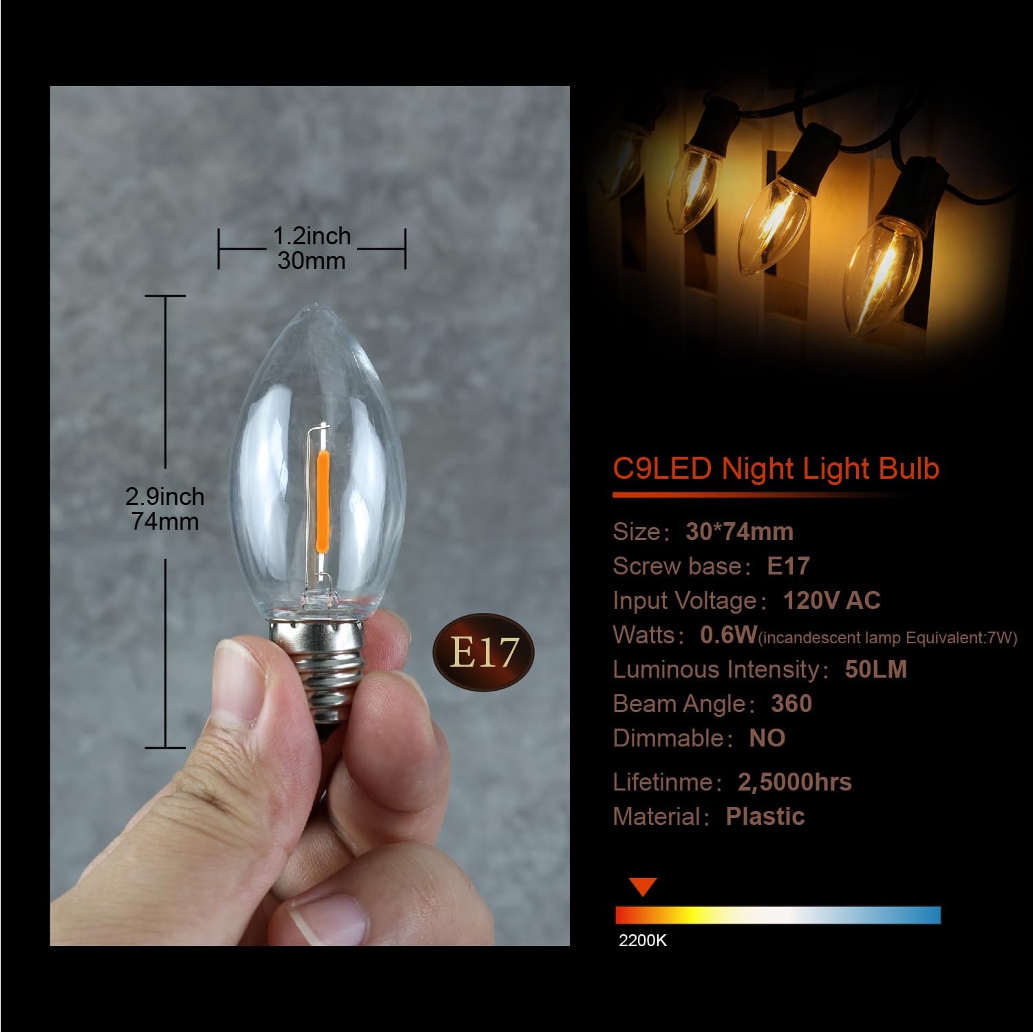 25PACK C9 LED Christmas Light Bulb ,C9 LED Replacement Bulb for Christmas String Lights, E17 Intermediate Base, 2200K Warm White, Commercial Grade Holiday Clear Plastic Bulbs Dimmable Shatterproof