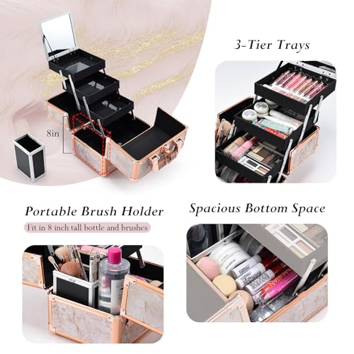 Costravio Makeup Train Case Rose Gold Cosmetic Box with Mirror & Brush Holder Home or Travel Organizer for Make-up and Jewelry Storage Box with 3-Tier Tackle Trays Portable Lockable Golden Marble
