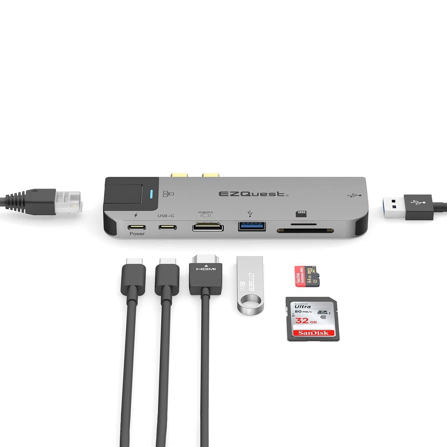 EZQuest USB C Hub - 8 in 2 USB C Docking Station - HDMI 4K 60Hz, Ethernet, Thunderbolt 3-40Gb/s with 100W USB-C 3.0 PD (FRS), 1X USB-C 10Gbs, 2X USB 3.0 Ports, SD & Micro SD - for MacBook Pro and Air