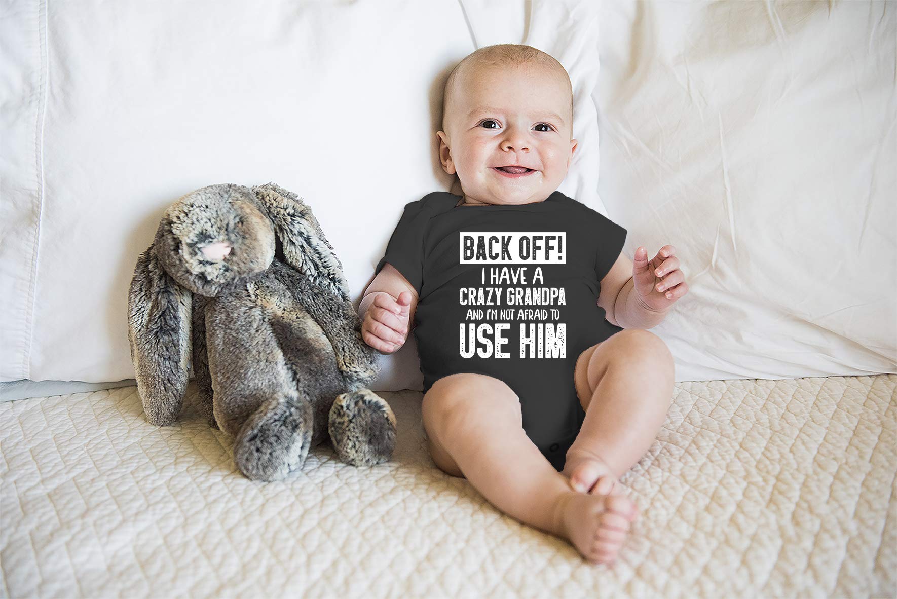 Back Off !! I Have a Crazy Grandpa and I'm Not Afraid To Use Him - Funny Baby Essentials Romper (6 Months, Black)