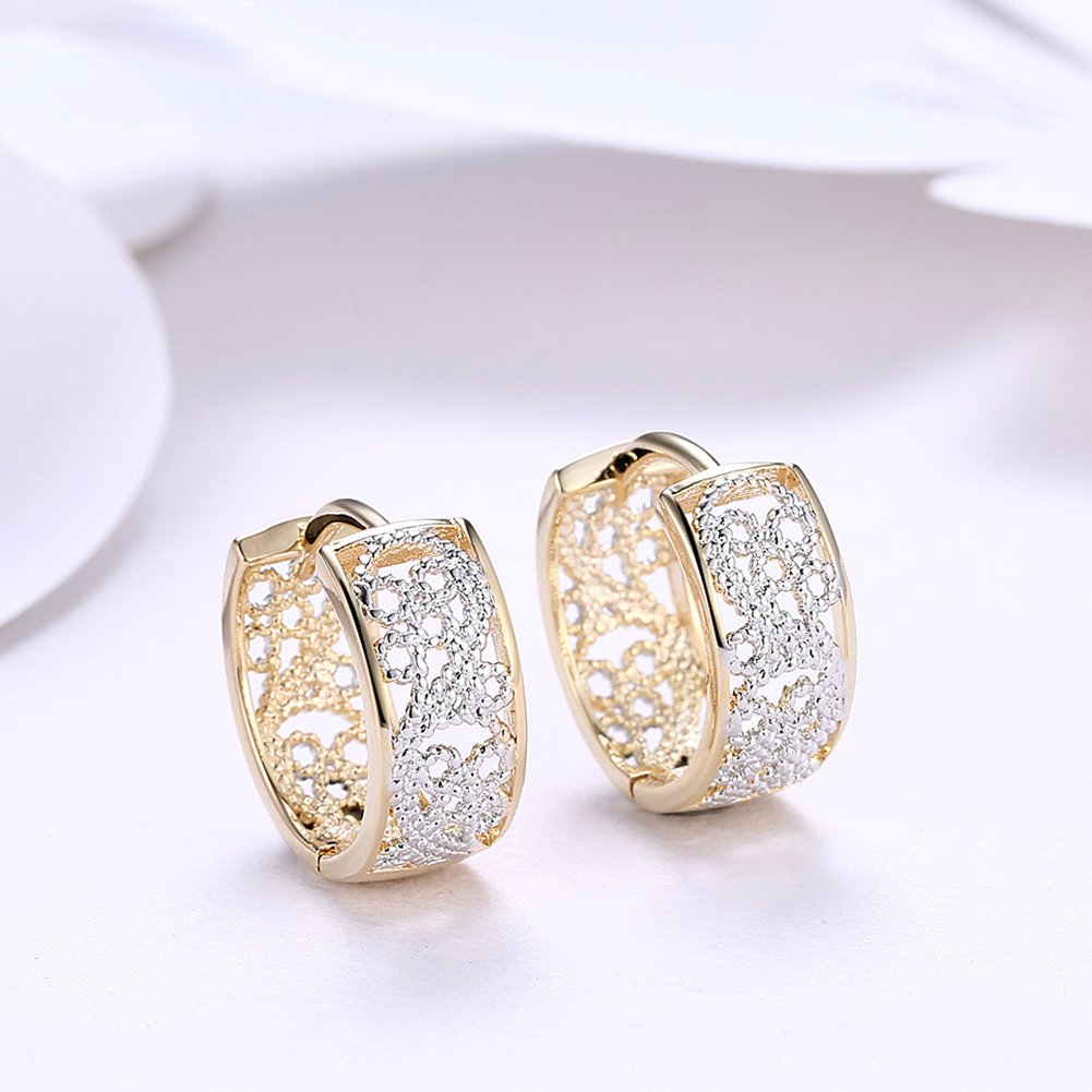 14K Gold Silver Wide Filigree Hoop Earrings Hollow Carved Flower Texture Earrings For Womens Men