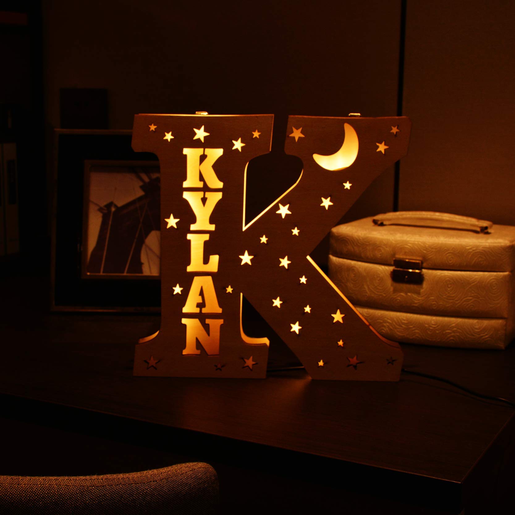 Name-Specific Wooden lamp Personalized Wood Letter Wall Light & Custom Sign Letters Wooden for Kids Room Wooden Children's Moon Stars Bedside lamp (Yellow)