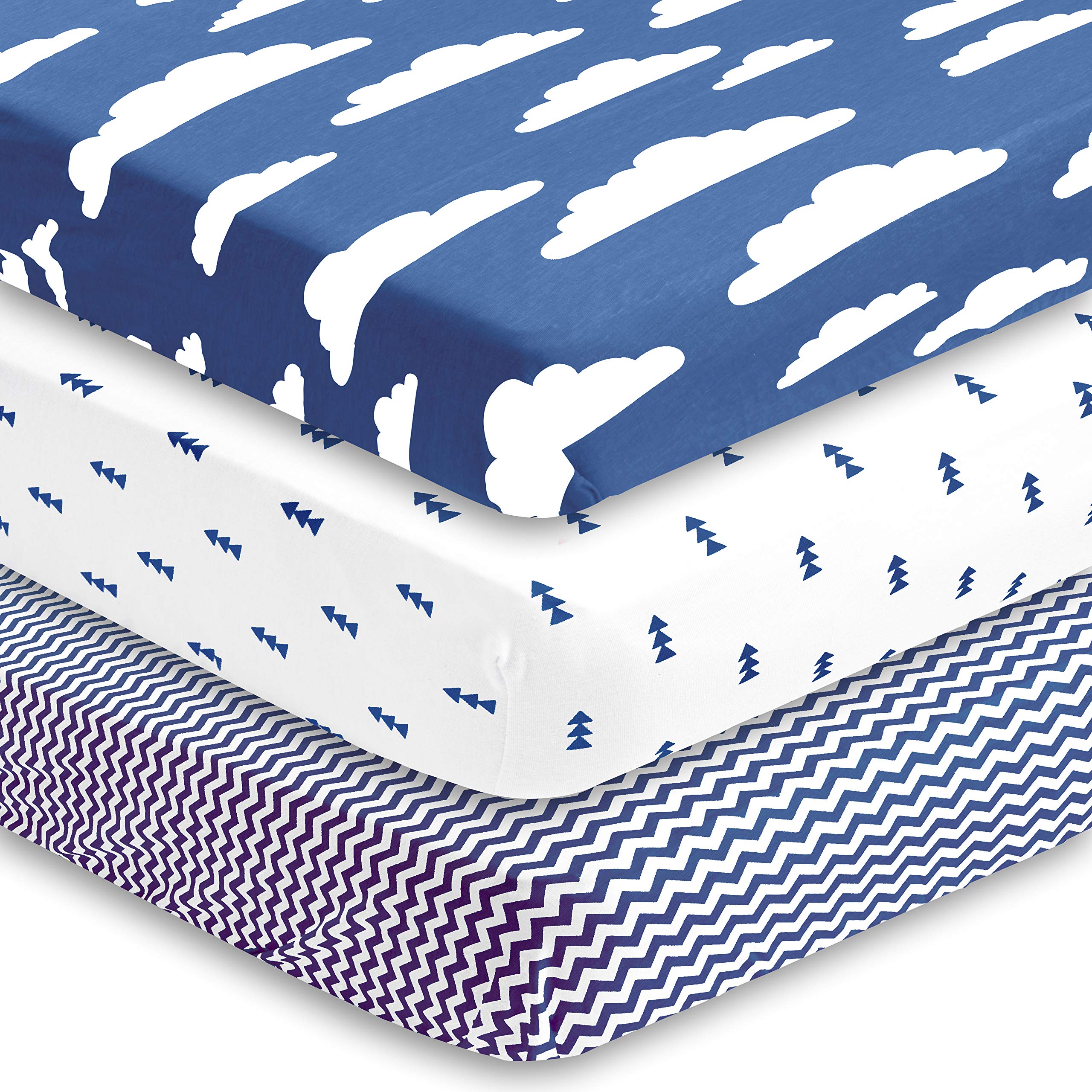 BaeBae Goods Fitted Baby Crib Sheets for Boys and Girls, 3 Pack, Soft and Breathable Jersey Cotton, White and Navy, Cute Gender Neutral Nursery Mattress Bedding, Universal Fit