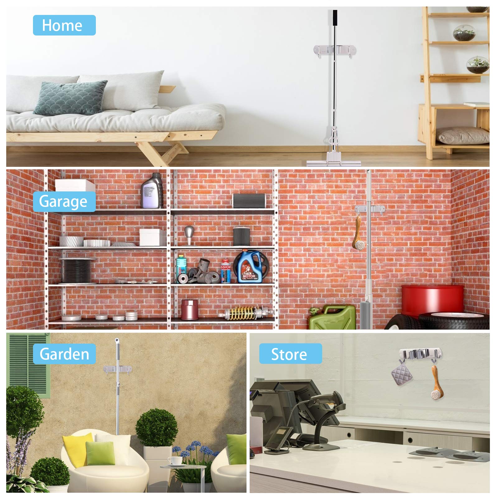 Tidysun Mop and Broom Holder Wall Mounted,Heavy Duty Stainless Mop Holder Wall Mount with 1 Gripper and 2 Hooks,Mop Broom Holder for Kitchen Bathroom Garden Garage 1 Pack(Grey)