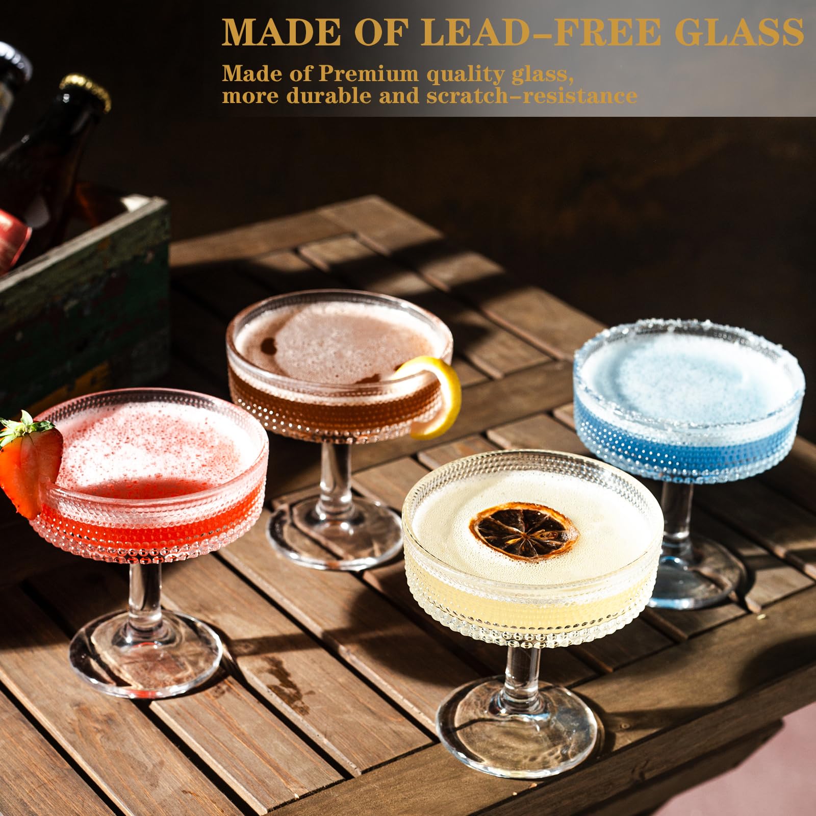 4 Pcs Martini Glasses, 7 oz Vintage Cocktail Coupe Glasses Set, Unique Beaded Glass, Classic Cocktail Galssware, Bar Drinking Glasses Set, Pefect for Cocktail, Wine, Champagne(4Pcs)